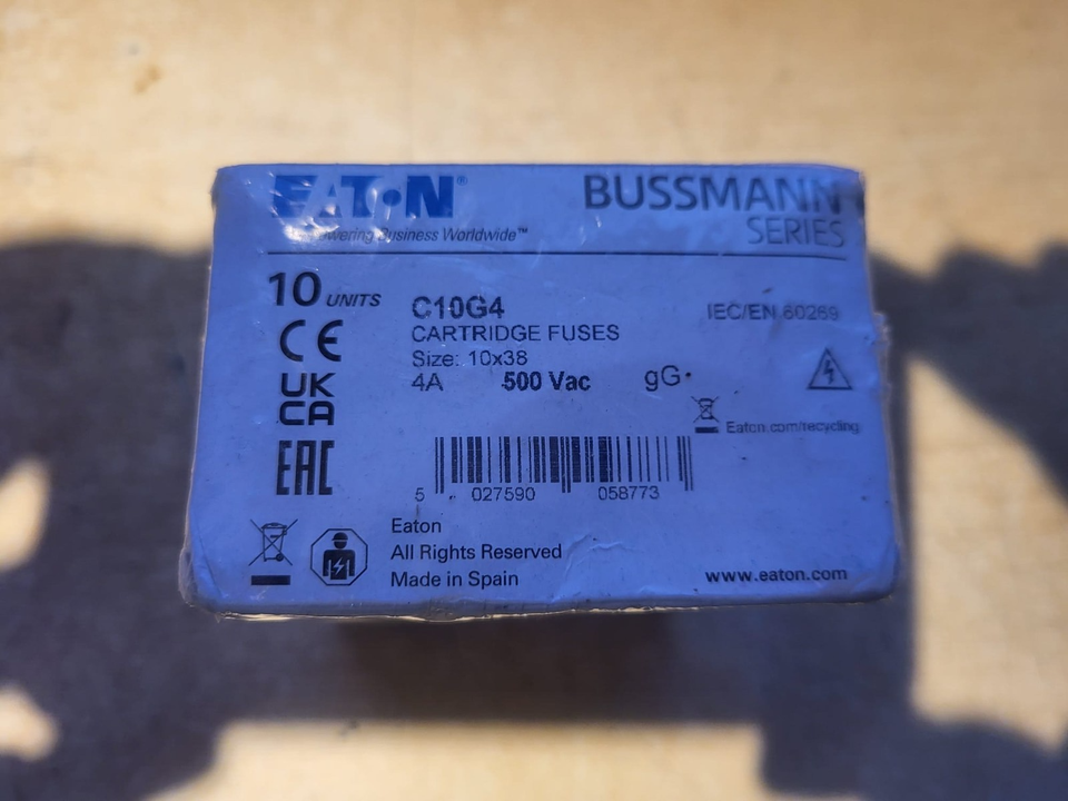 C10G4 Eaton 4A Ceramic Cartridge Fuses, 10 x 38mm, 500Vac, 120kA, 10 ...