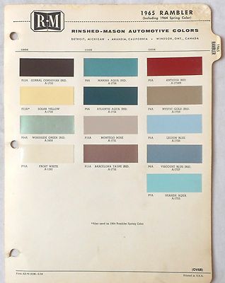 1965 AMC R-M COLOR PAINT CHIP CHART ALL MODELS | eBay