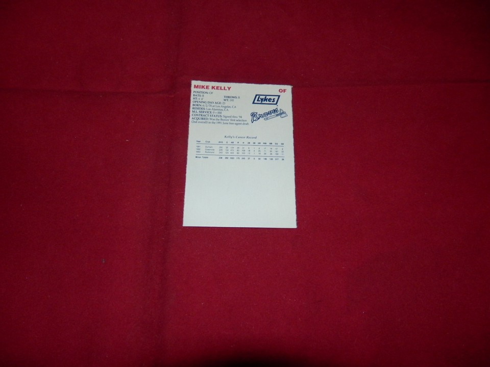 1994 Lykes Atlanta Braves Trading Card Mike Kelly | eBay