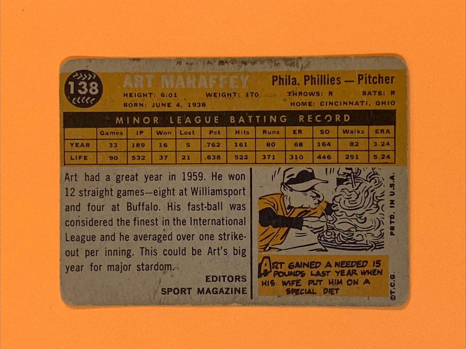 1960 Topps Art Mahaffey Rookie Star Sport Magazine #138 Philadelphia ...