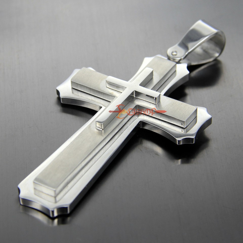Super Big Large Heavy Layer Cross Pendant Necklace Silver Solid ...