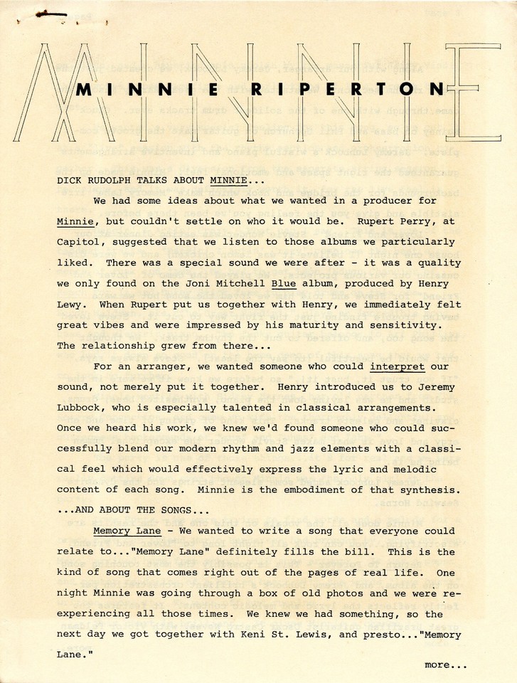 MINNIE RIPERTON - MINNIE - 1979 - ORIGINAL PRESS KIT 8 X 10 PHOTO, BIO ...