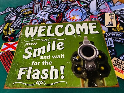 SMILE NOW WAIT FOR FLASH METAL TIN SIGN W/ FREE PATCH dtom gun vintage ...