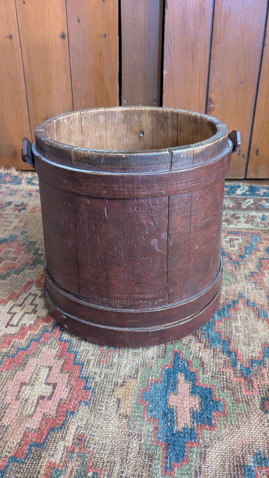 Antique Early Country Primitive Wood Firkin Bucket Old Red Paint 10.5 ...
