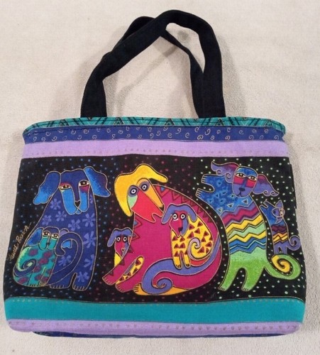 Laurel Burch DOGS & DOGGIES design cotton fabric & canvas bag/purse ...
