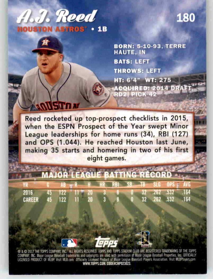 2017 Stadium Club Gold Foil AJ Reed Insert MLB Parallel Astros #180 | eBay