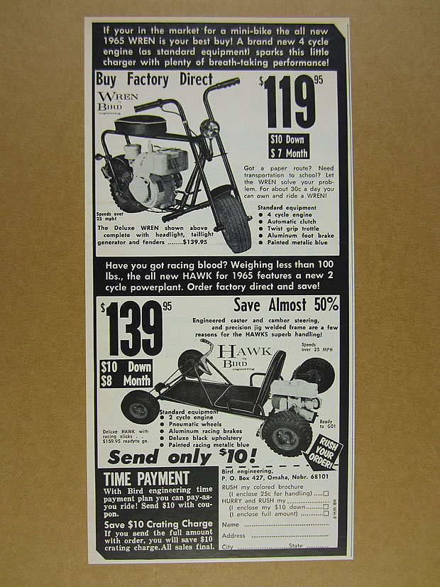1965 Bird Engineering Wren Mini-Bike & Hawk Racing Kart photo vintage ...