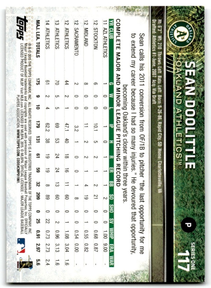 2015 Topps Sean Doolittle Oakland Athletics #117 | eBay