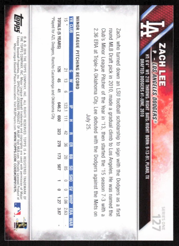 2016 Topps #127 Zach Lee RC | eBay