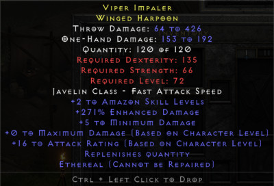 D2r rare winged harpoon 2skills 271ed fool mod eth rep erep--non ladder ...