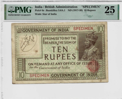 INDIA 10 RUPEES P-6 S 1917-1930 RARE Specimen KING GEORGE V MONEY BILL ...