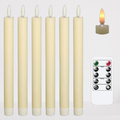 Set of 6 Flameless Ivory Taper Candles - Real Wax & Remote Control, 3D ...