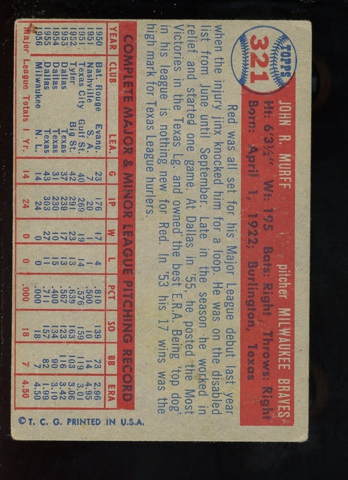 1957 Topps #321 Red Murff VG w/ tiny wrn on back | eBay