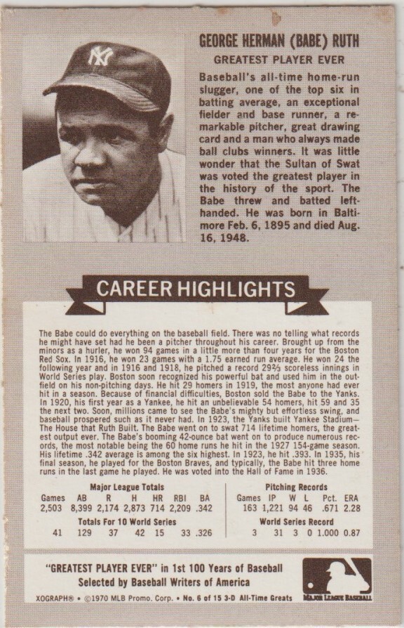 BABE RUTH; 1970 KELLOGG'S ALL TIME GREATS ROLD GOLD BASEBALL CARD # 6 ...