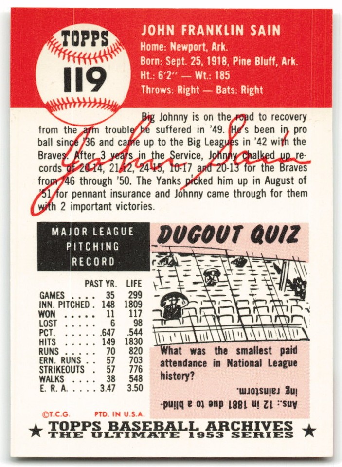 1991 Topps Archives 1953 #119 John Sain Bio white text New York Yankees ...