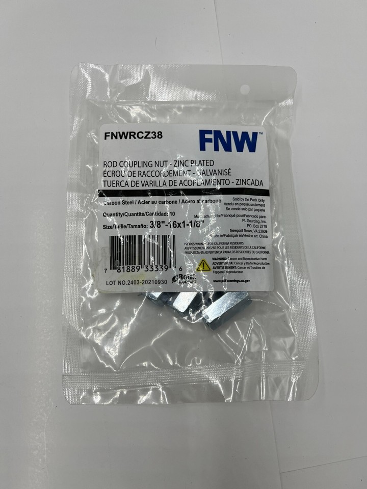 5 Pack of 10 FNW Zinc Plated Rod Coupling Nut 3/8"-16x1-1/8" FNWRCZ38 ...