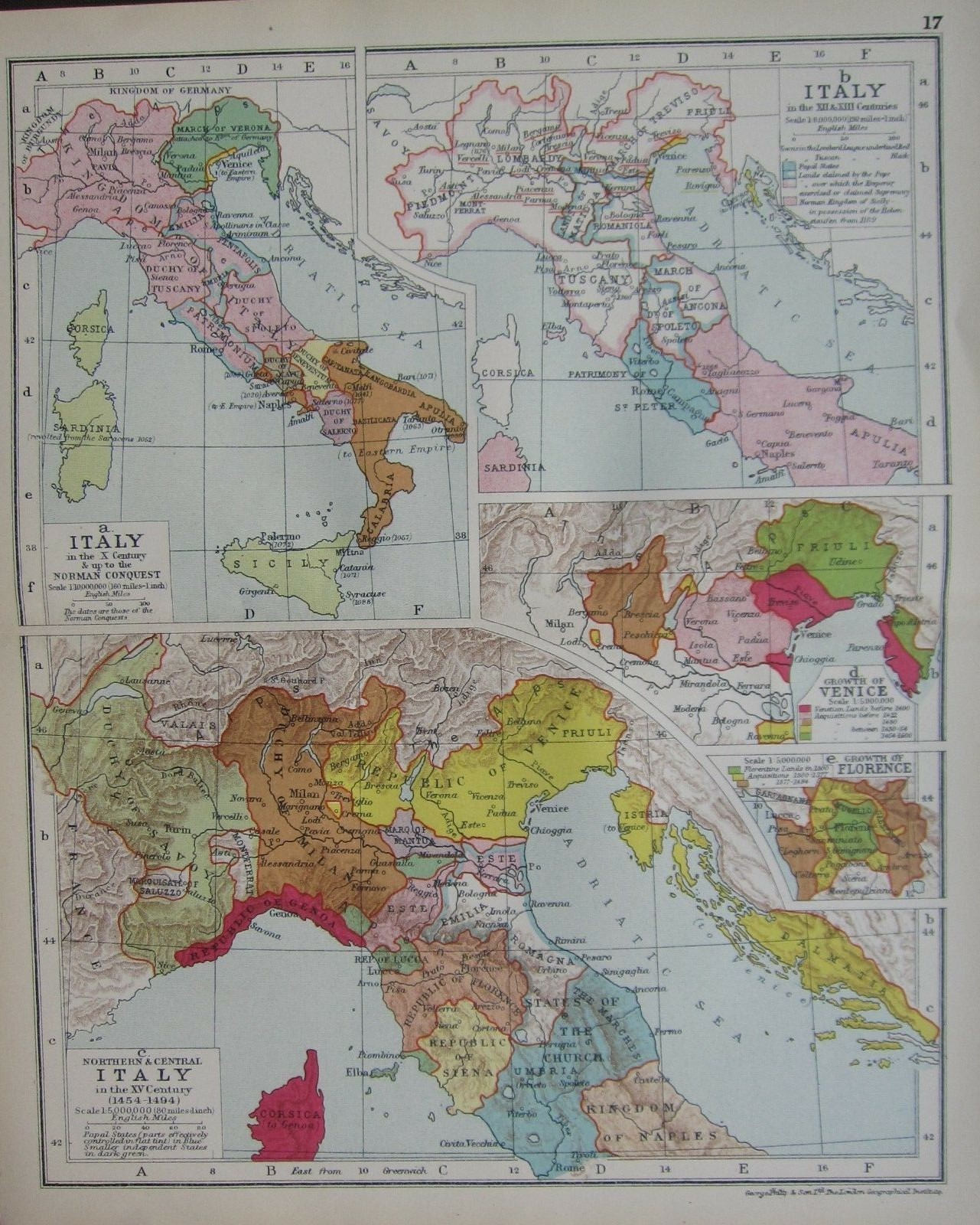 1911 MAP ~ ITALY NORMAN CONQUEST GROWTH OF FLORENCE VENICE DUCHY OF ...