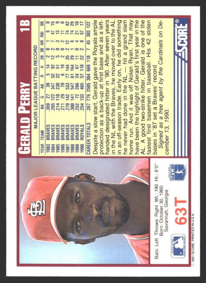 Gerald Perry #63T 1991 Score Rookie & Traded St. Louis Cardinals | eBay
