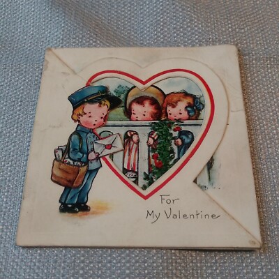Vintage Valentine Card Mailman Girls For My Valentine Heart Envelope ...