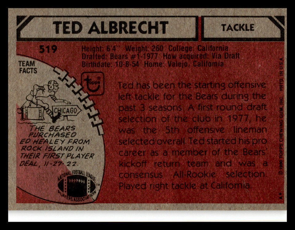 1980 Topps Ted Albrecht #519 Chicago Bears | eBay