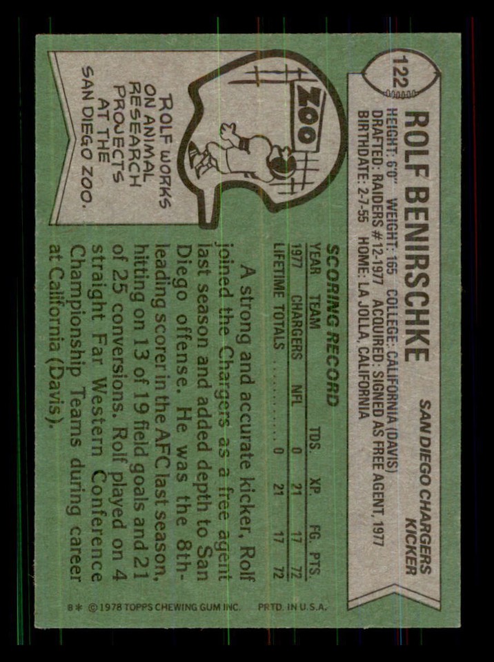 1978 Football Topps Rolf Benirschke San Diego Chargers #122 RC | eBay