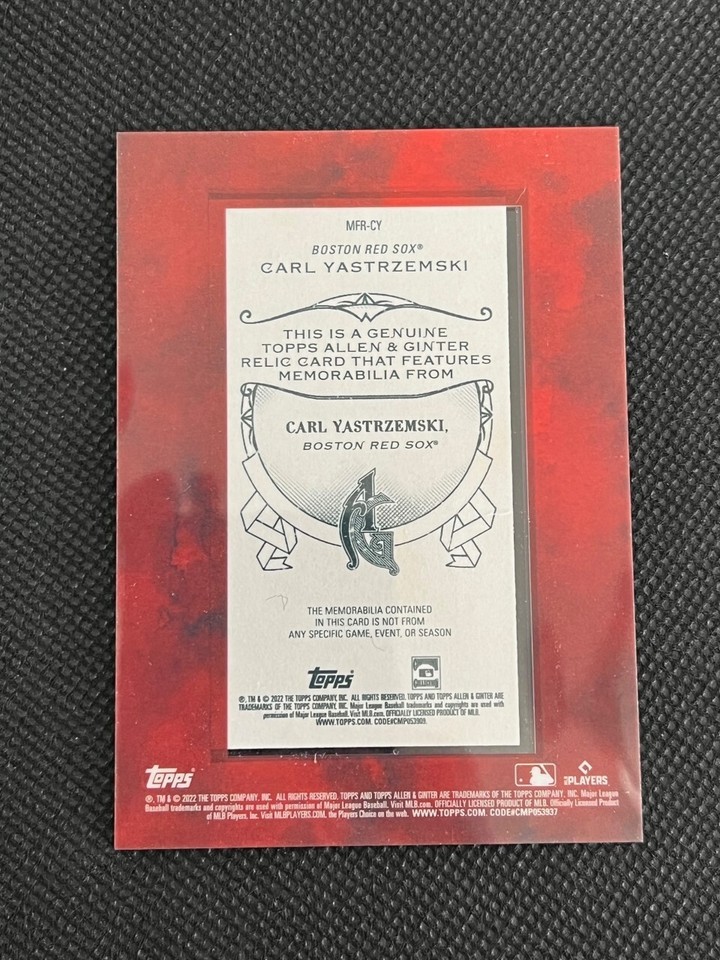 CARL YASTRZEMSKI BAT RELIC #MFR-CY BOS 2022 Topps Allen & Ginter Framed ...