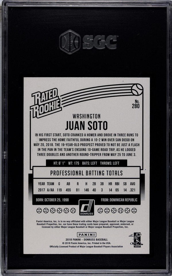 2018 Donruss #280 Juan Soto Rookie SGC 10 RC GOLD LABEL PRISTINE | eBay