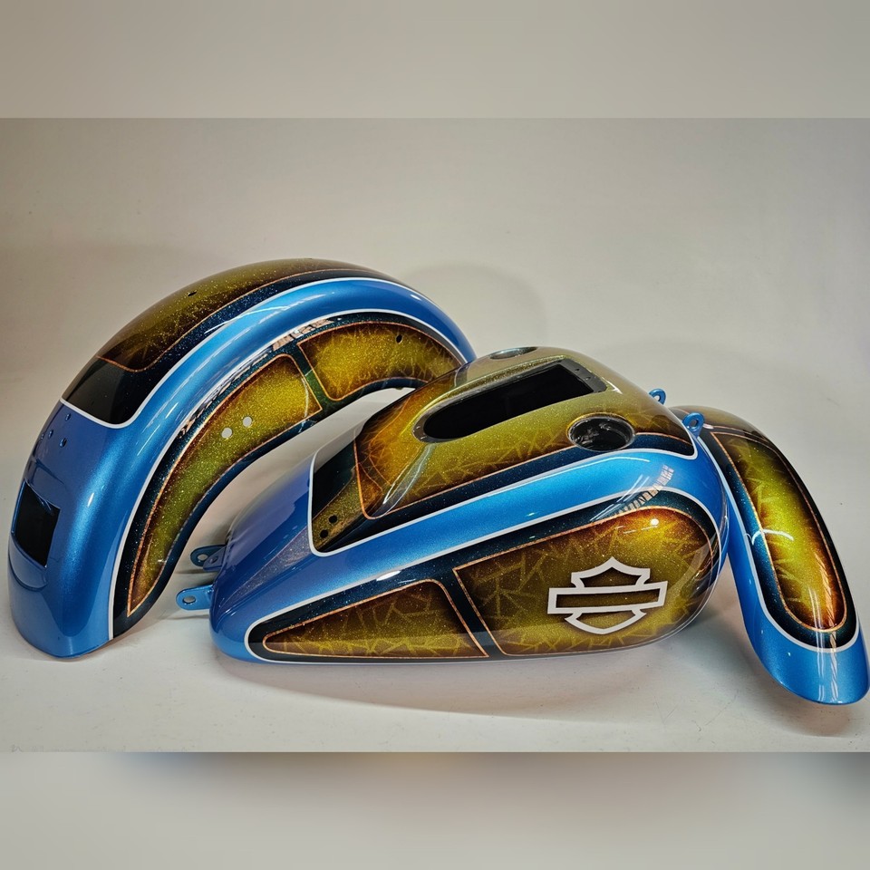 Harley Davidson Dyna Custom Paint Tin Set Tank & Fenders Blue & Gold ...