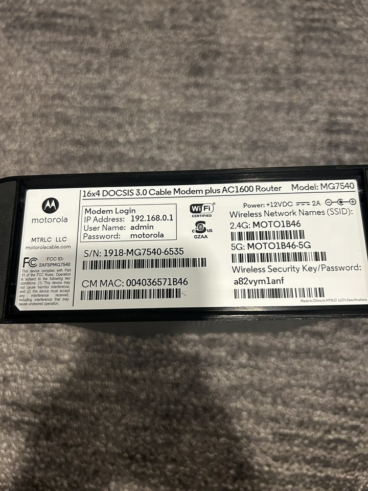 MOTOROLA MG7540 16x4 Cable Modem Plus AC1600 Dual Band Wi-Fi Gigabit ...