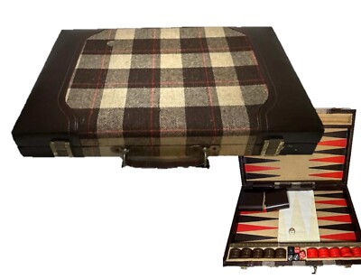 Backgammon Set Brown Plaid Fabric Case Vintage Aries of Beverly Hills ...