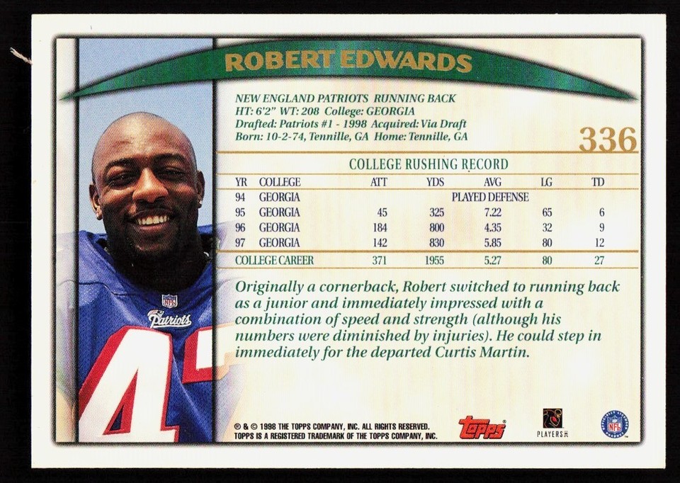 1998 Topps Robert Edwards RC New England Patriots #336 | eBay