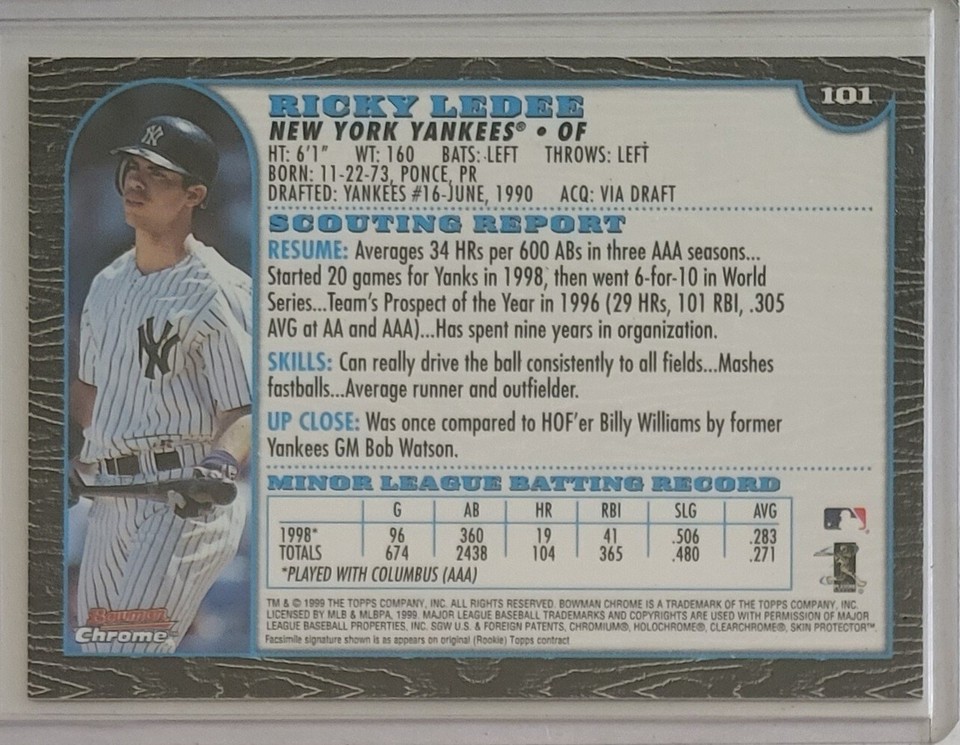 1999 Bowman Chrome #101 Ricky Ledee New York Yankees Baseball Card | eBay