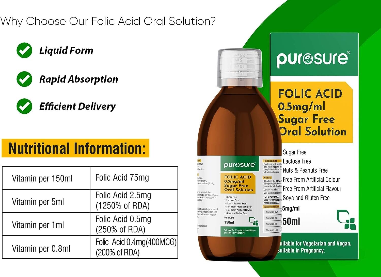 Purosure Folic Acid Liquid 150ml Sugar Free Oral Solution - 0.5G/ML ...