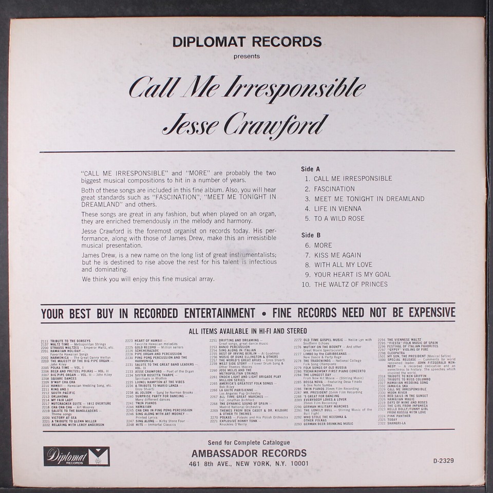 JESSE CRAWFORD: call me irresponsible / more DIPLOMAT 12" LP 33 RPM | eBay