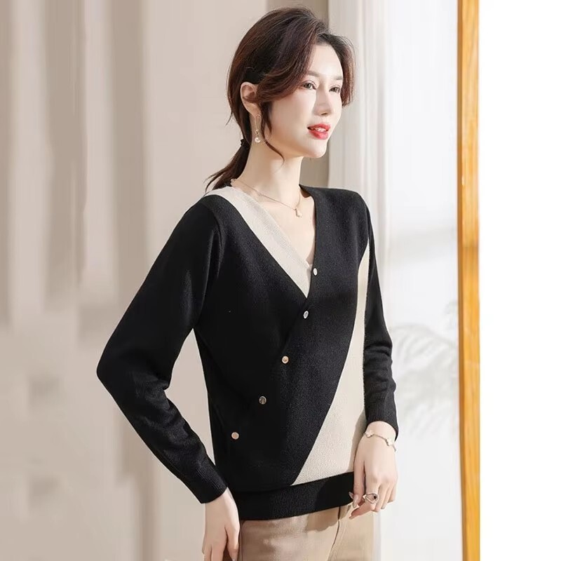 Women Knitted Bottom Shirt Pullover Sweater V-Neck Long Sleeved Top ...