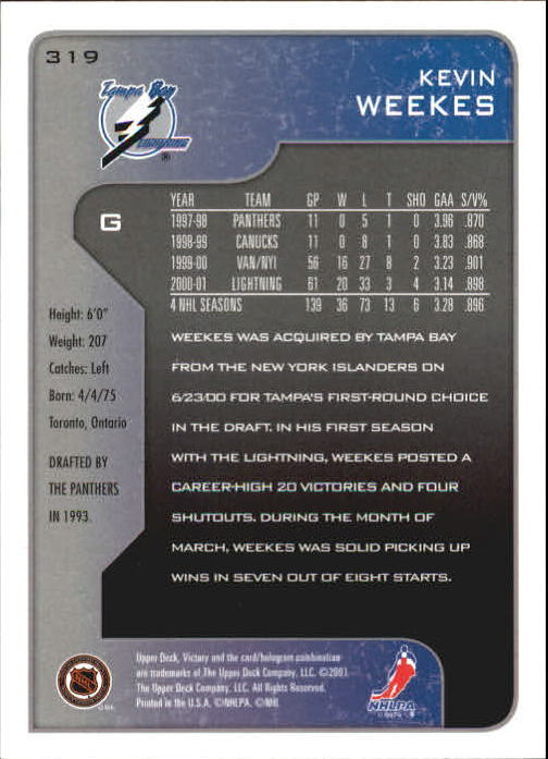 2001-02 UD Victory Lightning Hockey Card #319 Kevin Weekes | eBay