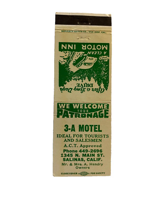 3-A MOTEL Matchbook Matchcover - SALINAS, CALIFORNIA | eBay