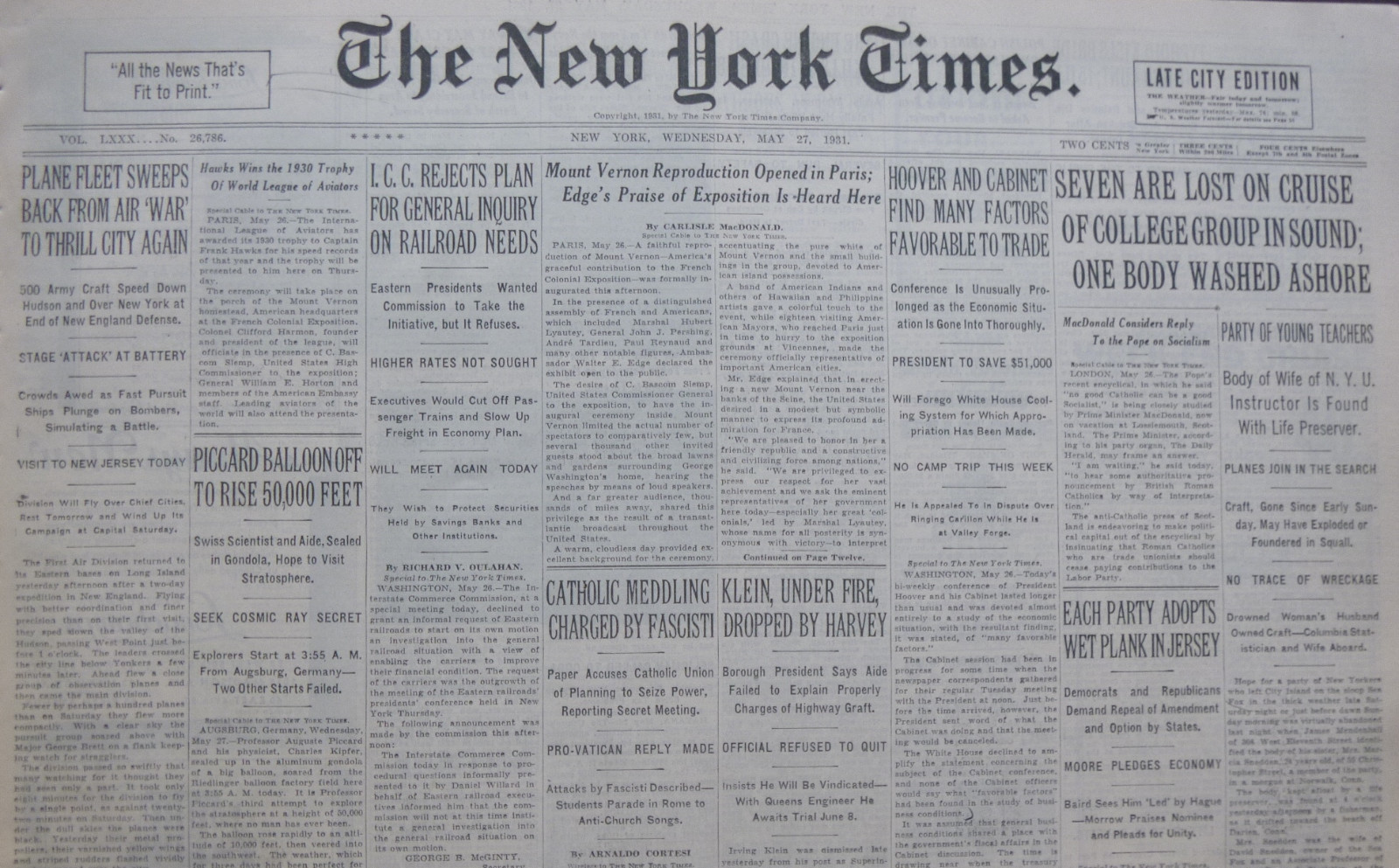 5-1931 MAY 28 FASCISTS TRAMPLE PORTRAIT OF POPE. HAWKS 3 MEAL EUROPE ...