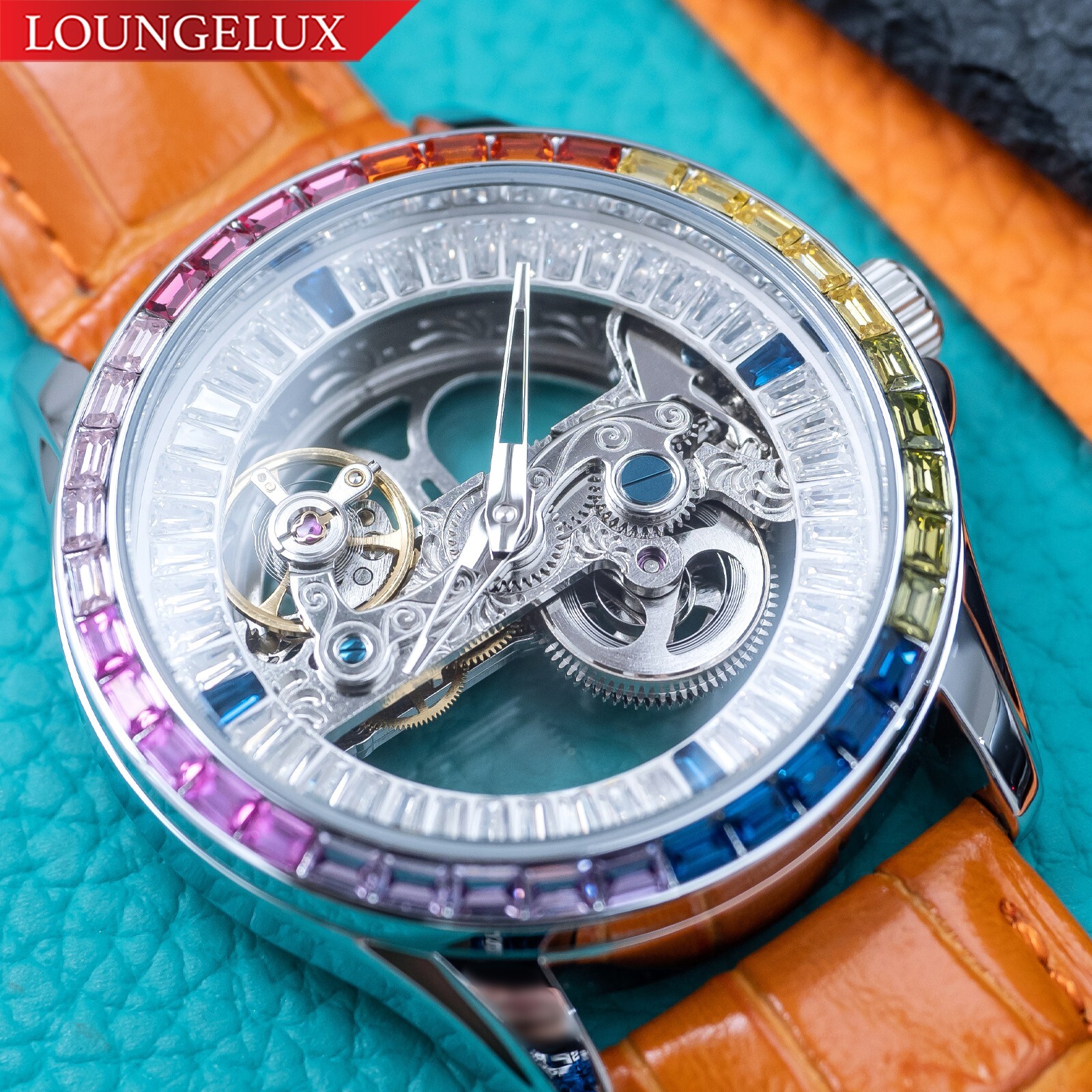 Mens Silver Automatic Mechanical Watch Bridge Rainbow Cubic Orange ...