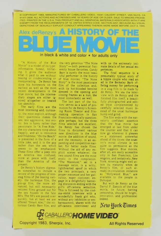Alex deRenzy's A History Of The Blue Movie VHS 1983 Caballero Video ...