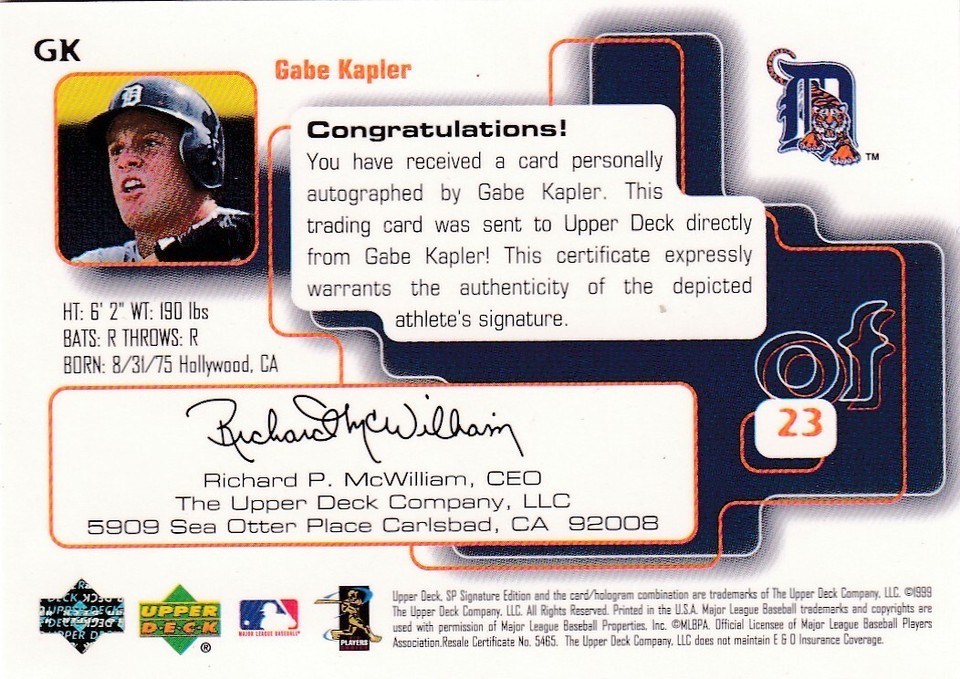 1999 SP Signature Edition Auto Gabe Kapler #GK Autograph Giants Tigers ...