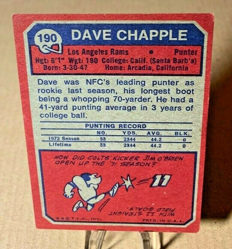 1973 TOPPS 🏈 DAVE CHAPPLE #190, 💥RC💥, L.A. Rams - VG/EX | eBay