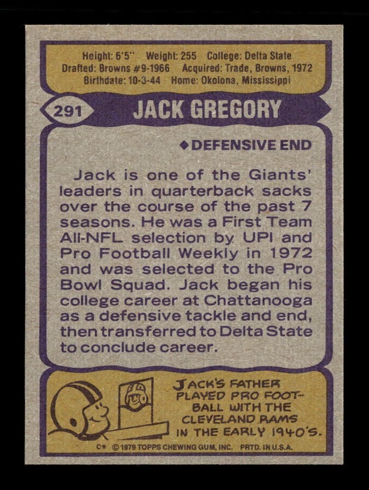 1979 Topps #291 Jack Gregory New York Giants EX Football Card *I429 | eBay