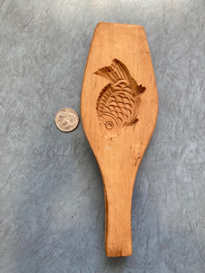 VTG WOOD PADDLE MOLD FOLK FISH CARP BUTTER DEEP CARVED THICK COOKIE ...