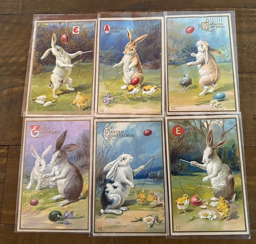 Lot of 6~Rabbits Playing Diablo~Easter Egg Toss Games~Antique Postcards ...