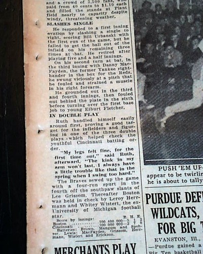 BABE RUTH Very 1st Hit After New York Yankees Baseball w/ Braves 1935 ...