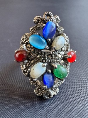 Vintage 925 Sterling Silver Ring Art Deco Multi Gemstones Cluster Ring ...