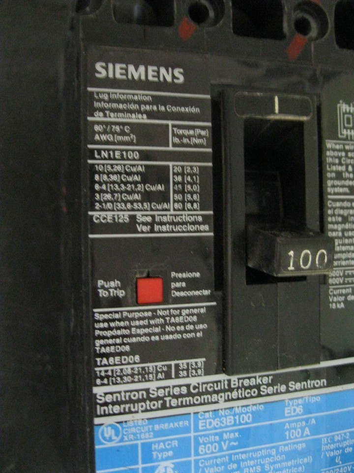 Siemens LN1E100 Circuit Breaker 100A 3P | eBay