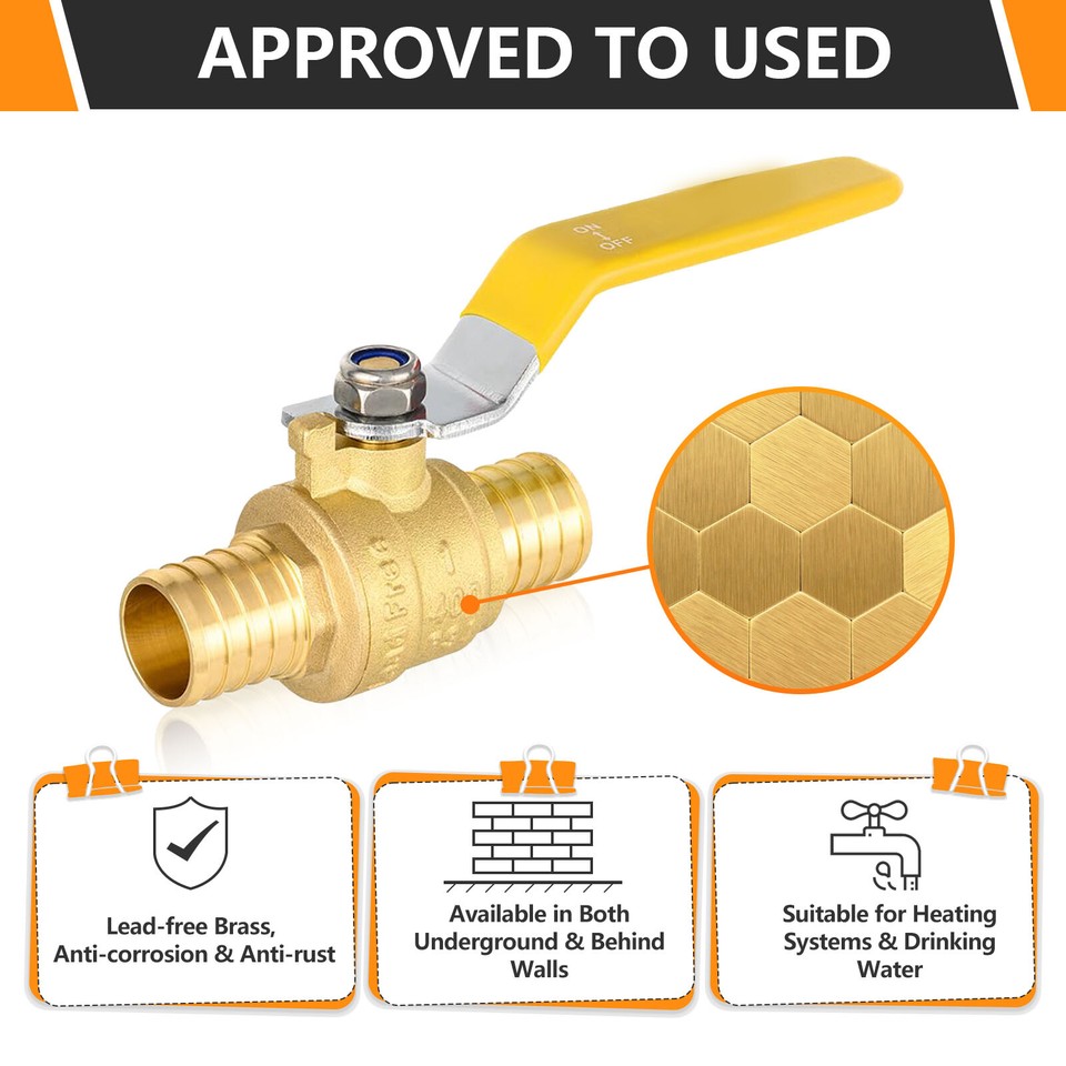 EFIELD 1" 1/2" 3/4"PEX Ball Valve Yellow Handle Full Port Shut Off ...