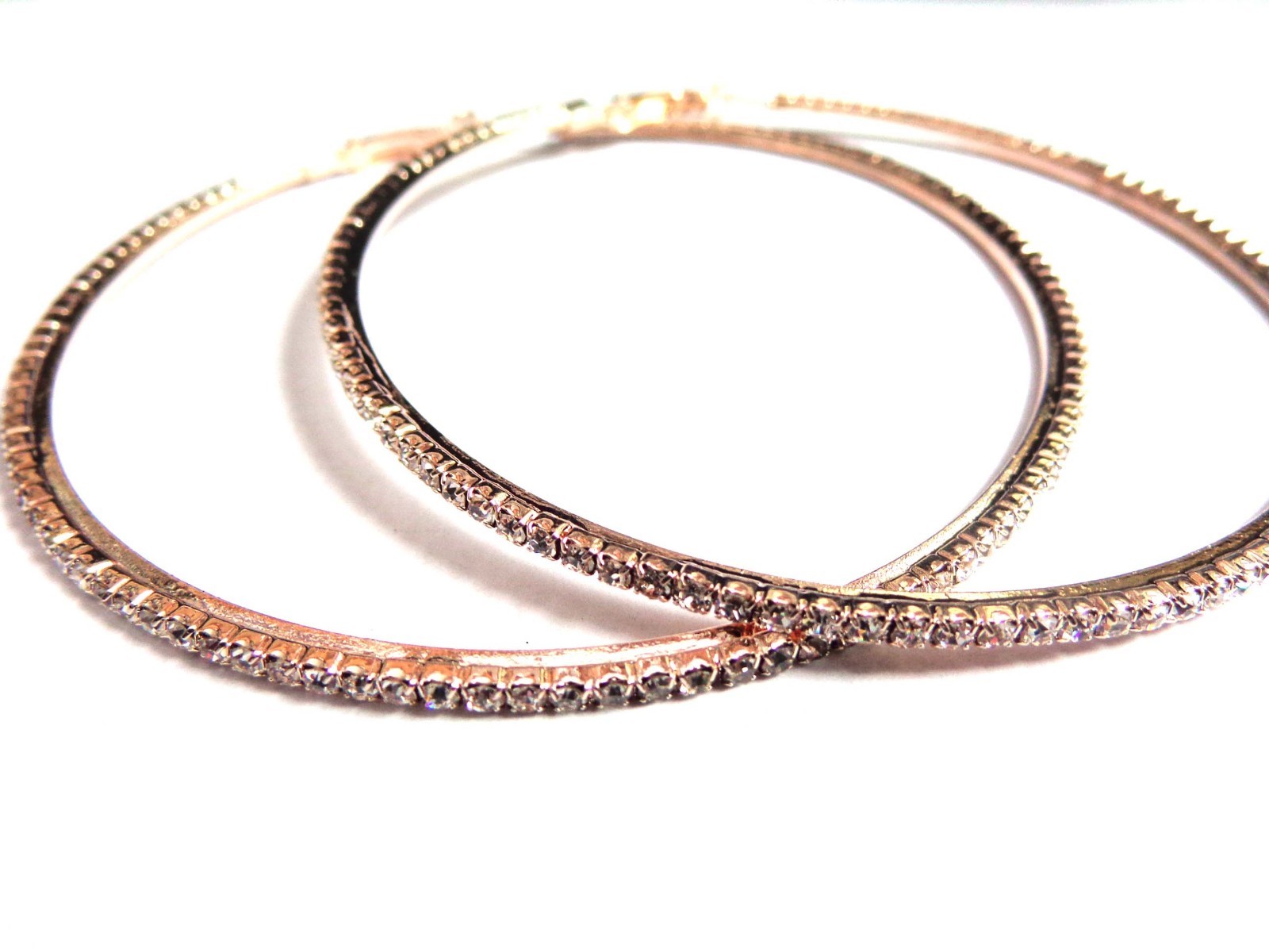 RHINESTONE HOOP EARRINGS ROSE GOLD PLATED 4 INCH HOOPS CRYSTAL LARGE ...